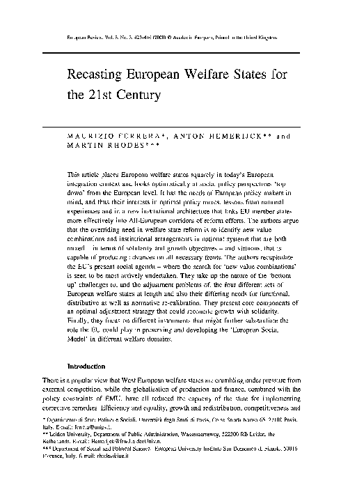 (PDF) Recasting European Welfare States for the 21st Century