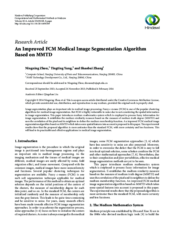 (PDF) An Improved FCM Medical Image Segmentation Algorithm Based on MMTD (PDF) An Improved FCM Medical Image Segmentation Algorithm Based on MMTD