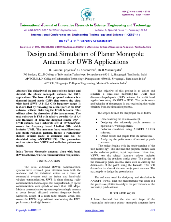 (PDF) Design and Simulation of Planar Monopole Antenna for UWB Applications