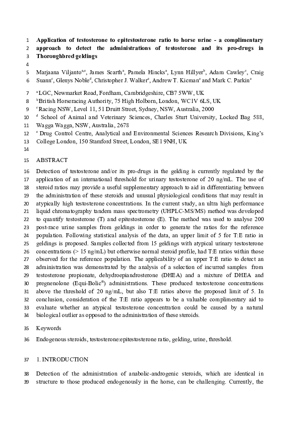 (DOC) Application of testosterone to epitestosterone ratio to horse ...