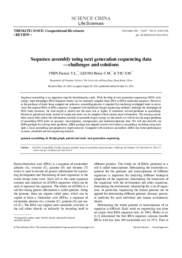 Pdf Sequence Assembly Using Next Generation Sequencing Data—challenges And Solutions