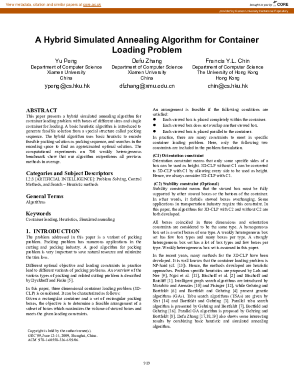 Pdf A Hybrid Simulated Annealing Algorithm For Container Loading Problem Francis Chin