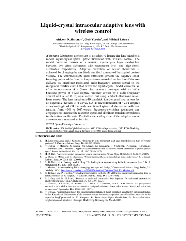 (PDF) Liquid-crystal intraocular adaptive lens with wireless control