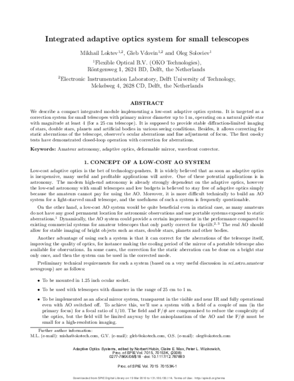Pdf Integrated Adaptive Optics System For Small Telescopes