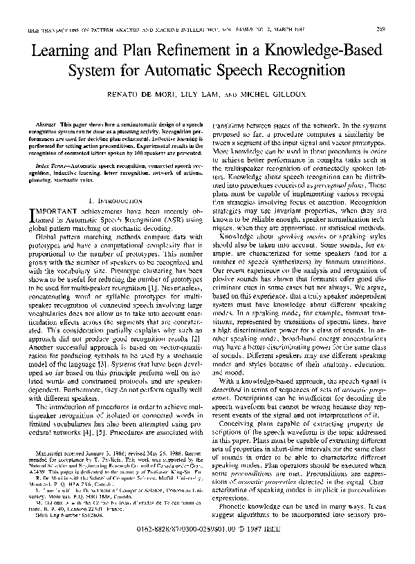 (PDF) Learning and Plan Refinement in a Knowledge-Based System for Automatic Speech Recognition