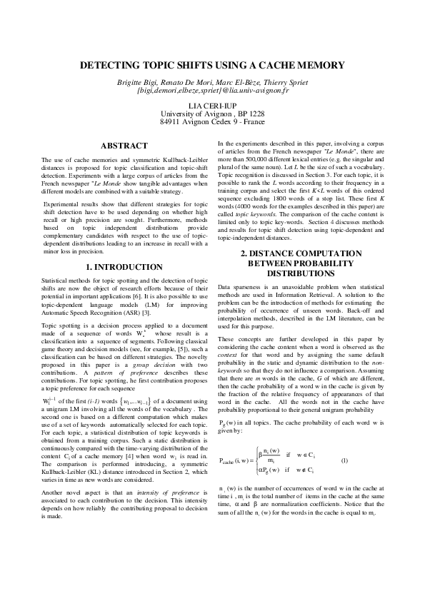 (PDF) Detecting topic shifts using a cache memory