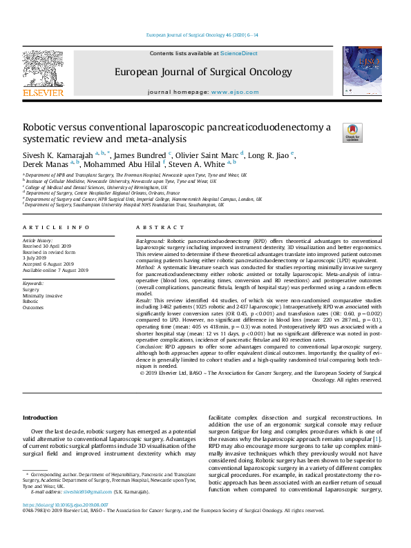 (PDF) Robotic versus conventional laparoscopic pancreaticoduodenectomy a systematic review and ...