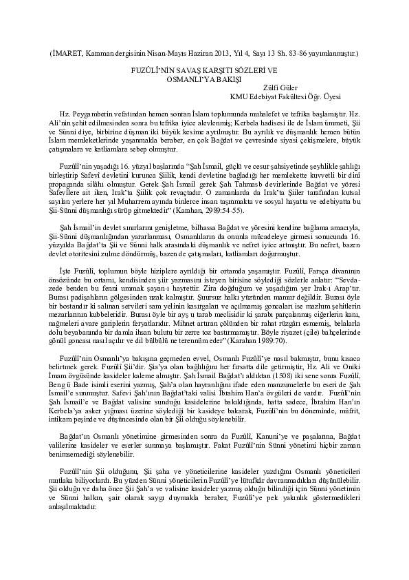 (PDF) -Fuzuli'nin Savaş Karşıtı Sözleri ve Osmanlıya Bakışı
