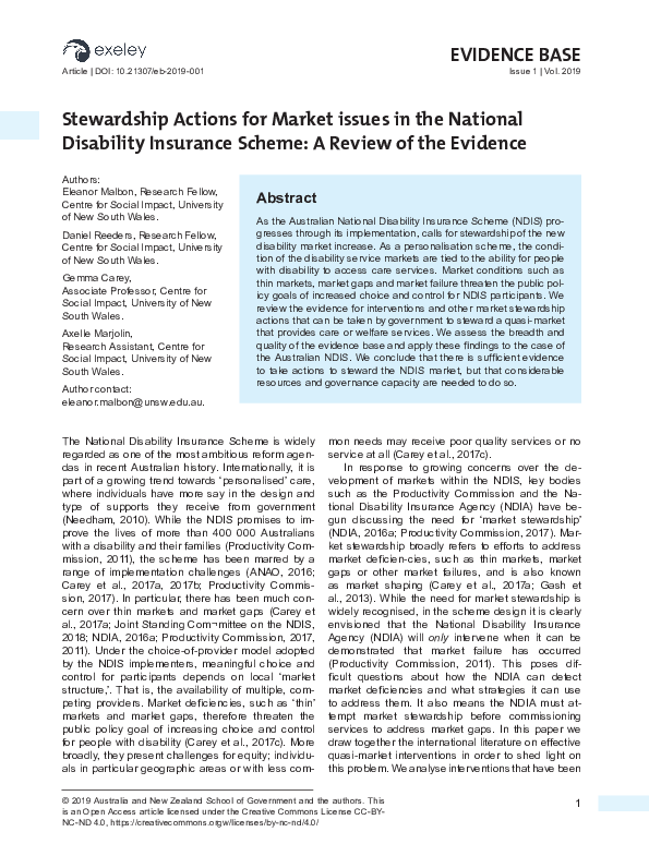 (PDF) Stewardship Actions for Market issues in the National Disability Insurance Scheme: A ...