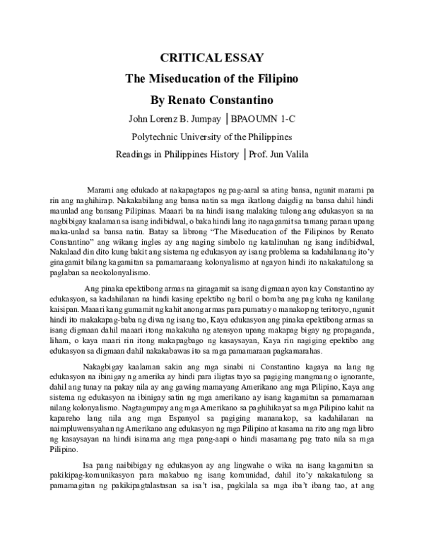 (PDF) The Miseducation of the Filipino By Renato Constantino