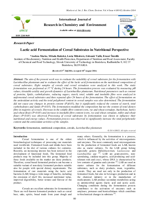 (PDF) International Journal of Research in Chemistry and Environment Lactic acid Fermentation of ...