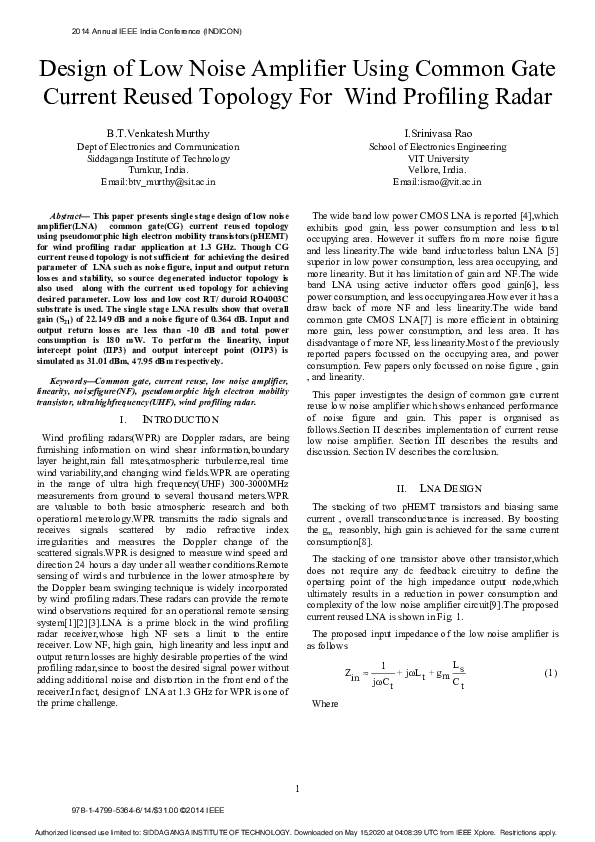 (PDF) Design of Low Noise Amplifier Using Common Gate Current Reused Topology For Wind Profiling ...