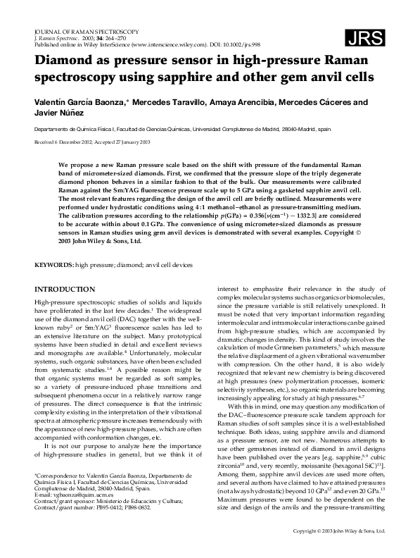 (PDF) Diamond as pressure sensor in high-pressure Raman spectroscopy ...