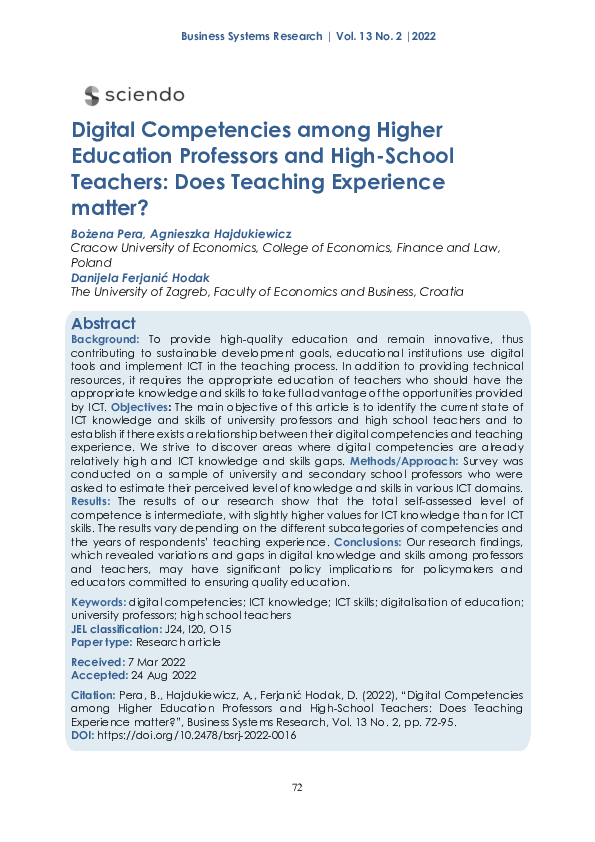(PDF) Digital Competencies among Higher Education Professors and High-School Teachers: Does ...
