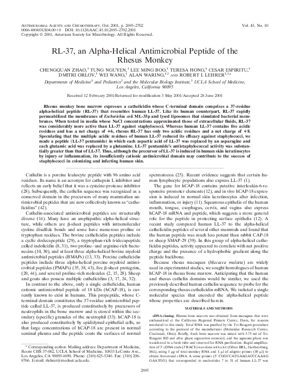 (PDF) RL-37, an Alpha-Helical Antimicrobial Peptide of the Rhesus Monkey