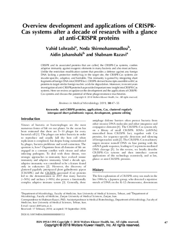 (PDF) Overview development and applications of CRISPR-Cas systems after a decade of research ...