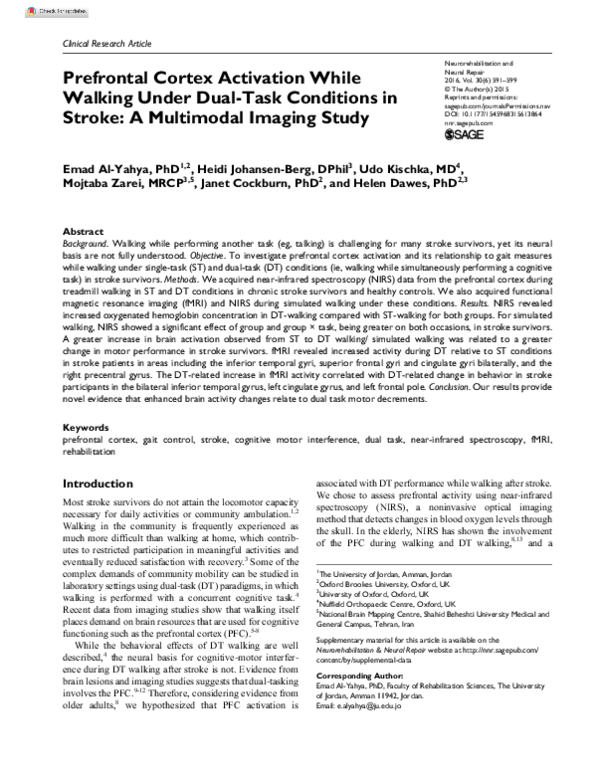 (PDF) Prefrontal Cortex Activation While Walking Under Dual-Task Conditions in Stroke