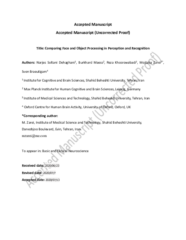 Pdf Comparing Face And Object Processing In Perception And
