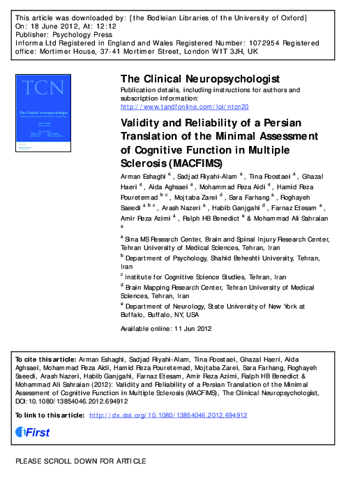 Pdf Validity And Reliability Of A Persian Translation Of The Minimal Assessment Of Cognitive