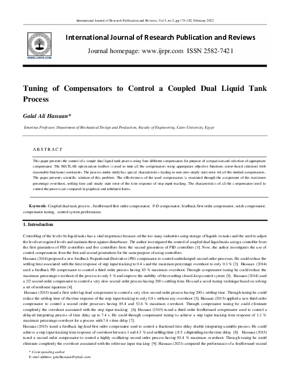 (PDF) Tuning of Compensators to Control a Coupled Dual Liquid Tank Process
