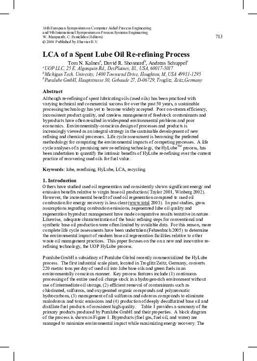 (PDF) LCA of a spent lube oil Re-refining process