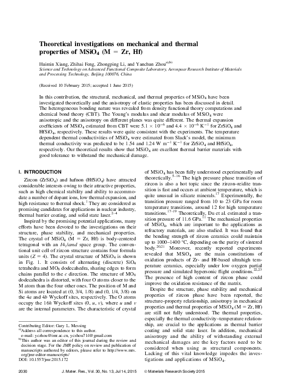 (PDF) Theoretical investigations on mechanical and thermal properties of MSiO4 (M = Zr, Hf)