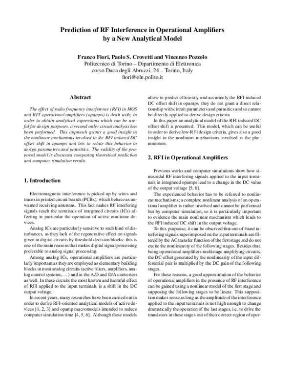 (PDF) Prediction of RF interference in operational amplifiers by a new ...