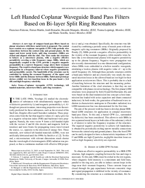 (PDF) Left handed coplanar waveguide band pass filters based on bi-layer split ring resonators