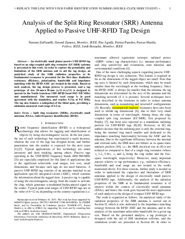 (PDF) Analysis of the Split Ring Resonator (SRR) Antenna Applied to Passive UHF-RFID Tag Design ...