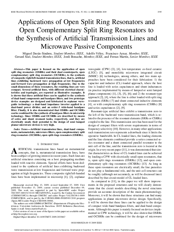 (PDF) Applications of Open Split Ring Resonators and Open Complementary ...