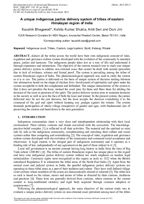 (PDF) A Unique Indigenous Justice Delivery System of Tribes of Eastern ...