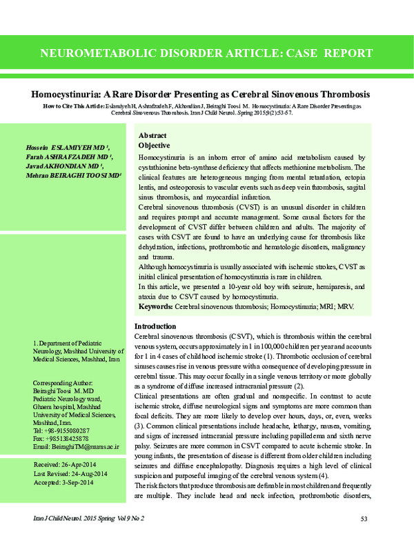 (PDF) Homocystinuria: A Rare Disorder Presenting as Cerebral Sinovenous ...