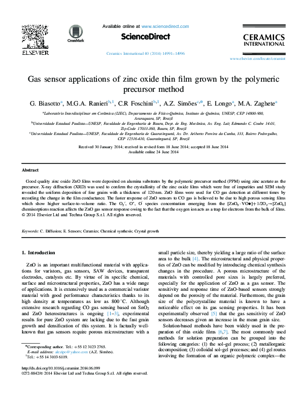 (PDF) Gas sensor applications of zinc oxide thin film grown by the polymeric precursor method