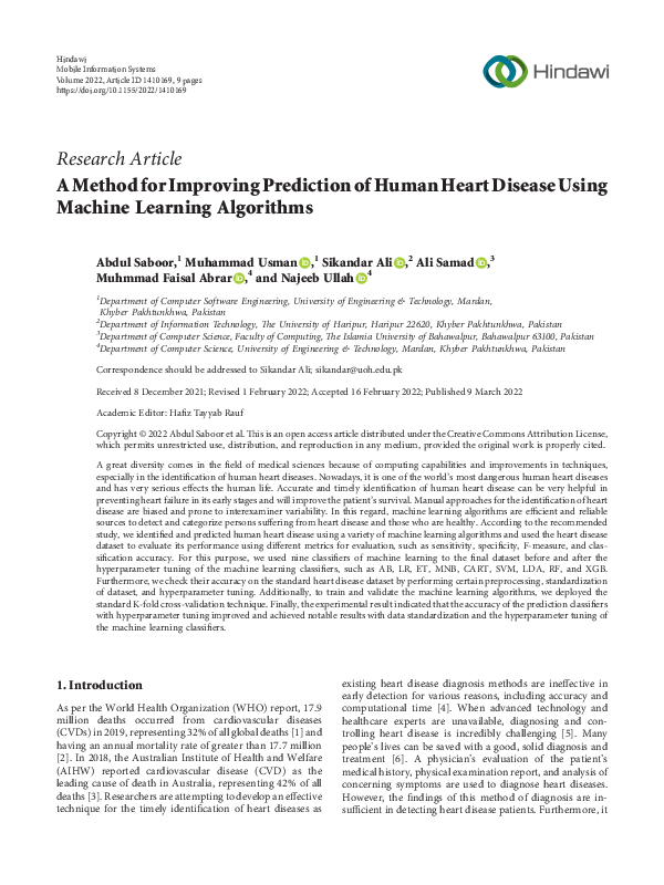 (PDF) A Method for Improving Prediction of Human Heart Disease Using Machine Learning Algorithms ...