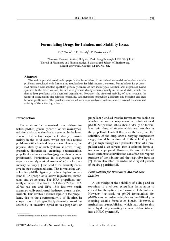 (PDF) Formulating Drugs for Inhalers and Stability Issues