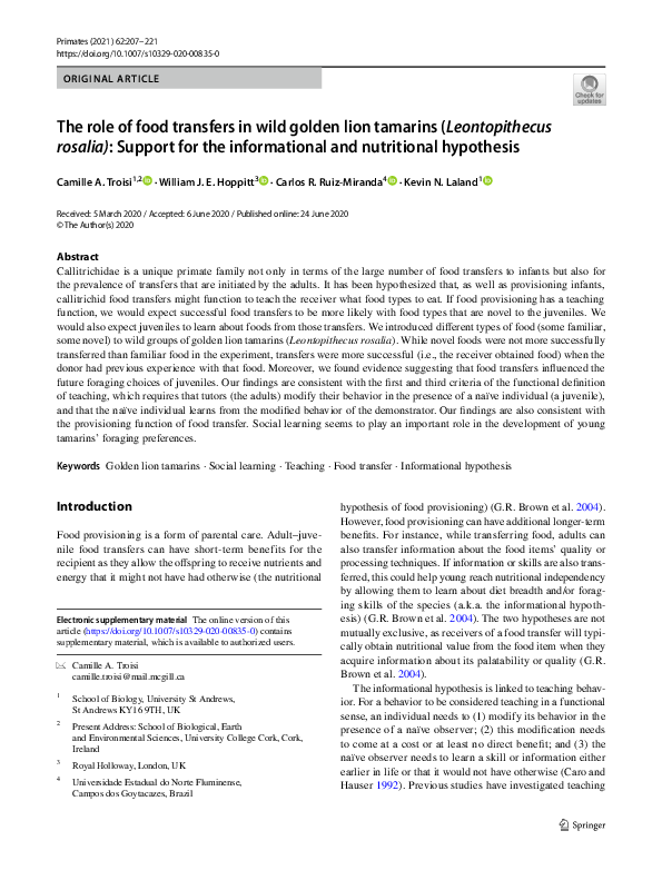 (PDF) The role of food transfers in wild golden lion tamarins ...