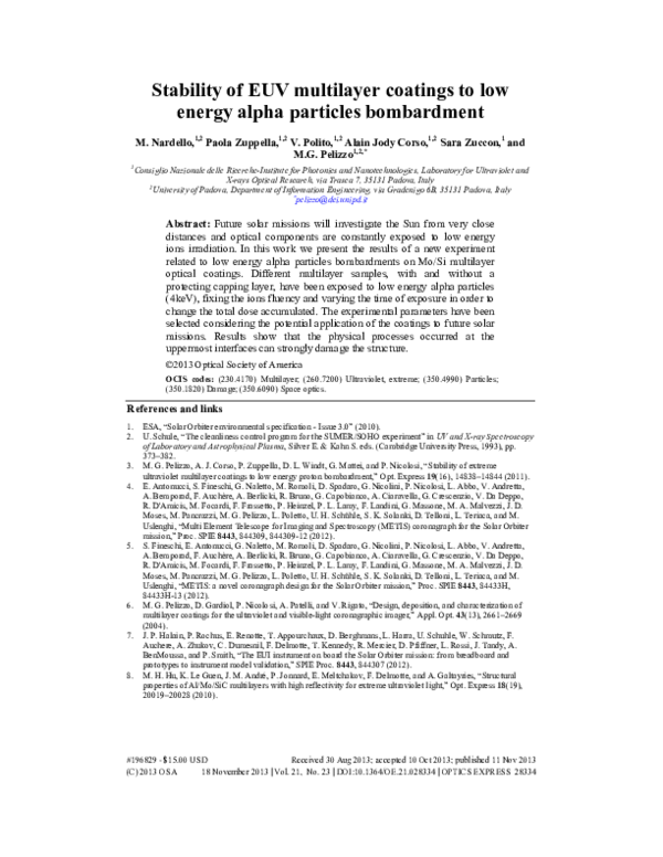 (PDF) Stability of EUV multilayer coatings to low energy alpha ...