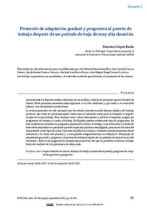 (PDF) Protocolo de adaptación gradual y progresiva al puesto de trabajo después de un periodo de ...