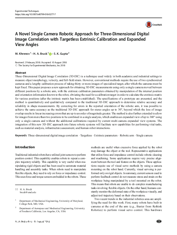 Pdf A Novel Single Camera Robotic Approach For Three Dimensional Digital Image Correlation