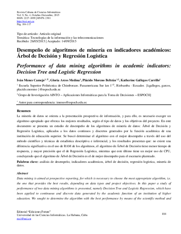 (PDF) Desempeño de algoritmos de minería en indicadores académicos ...