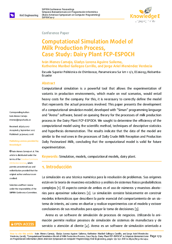 (PDF) Computational Simulation Model of Milk Production Process, Case Study: Dairy Plant FCP-ESPOCH