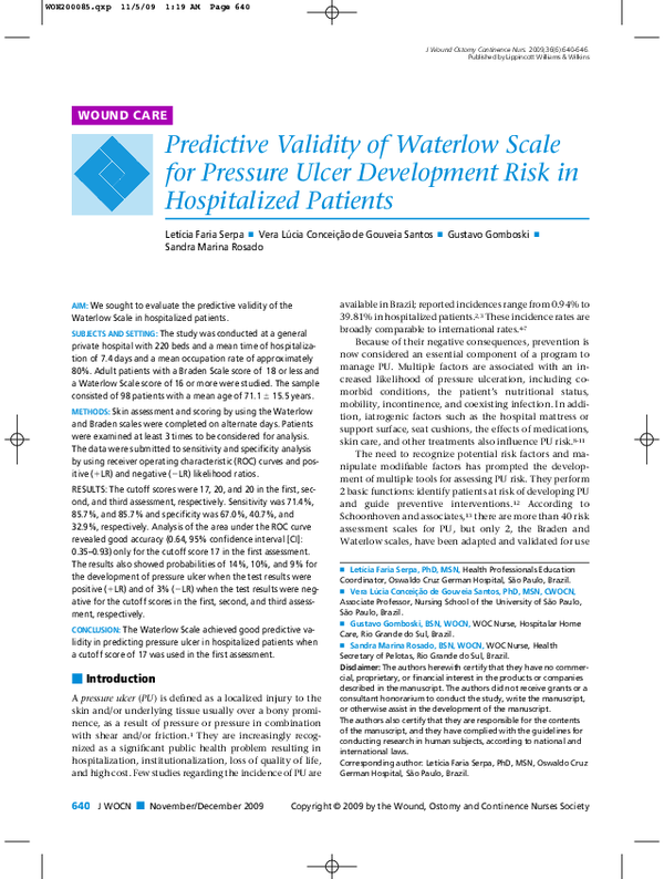 (PDF) Predictive Validity of Waterlow Scale for Pressure Ulcer ...