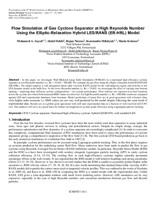 (PDF) High Reynolds Gas Flow in Cyclone Separator