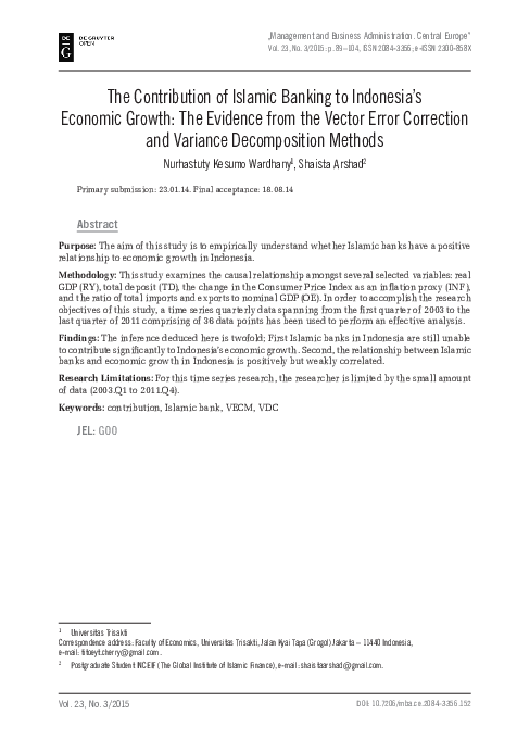 (PDF) The Contribution of Islamic Banking to Indonesia’s Economic Growth: The Evidence from the ...
