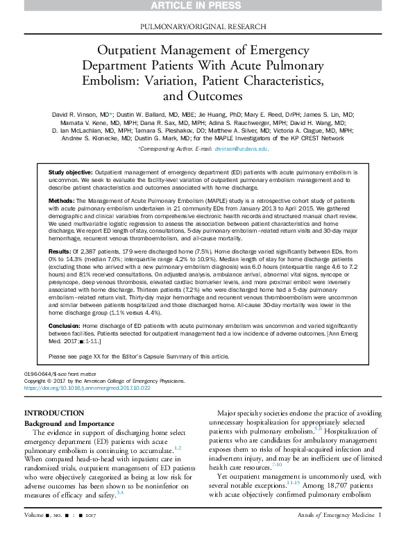 (PDF) Outpatient Management of Emergency Department Patients With Acute Pulmonary Embolism ...