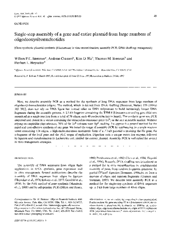 (PDF) Single-step assembly of a gene and entire plasmid from large numbers of ...