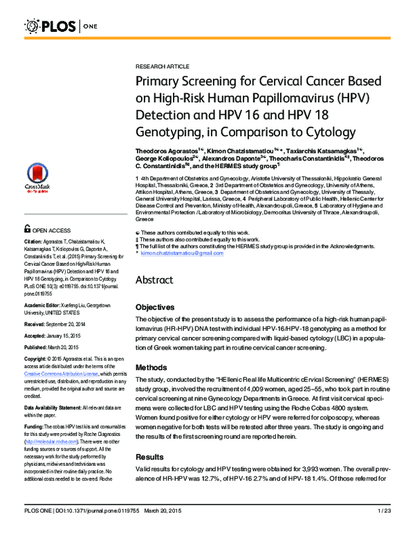 (PDF) RESEARCH ARTICLE Primary Screening for Cervical Cancer Based on ...