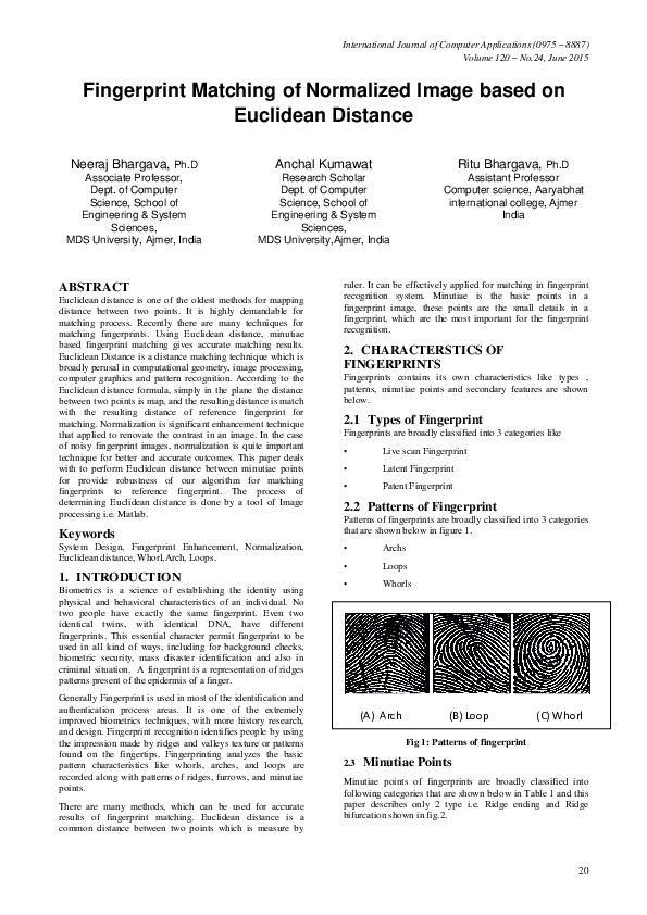 Pdf Fingerprint Matching Of Normalized Image Based On Euclidean Distance Prof Neeraj