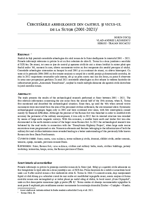 (PDF) Cercetările arheologice din castrul și vicus-ul de la Sutor (2001 ...