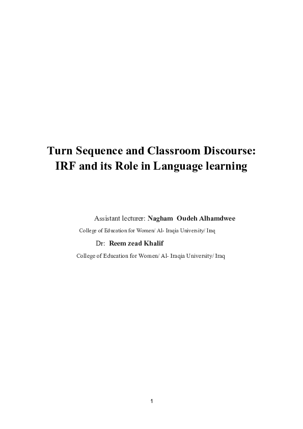 (DOC) Turn Sequence and Classroom Discourse: IRF and its Role in ...